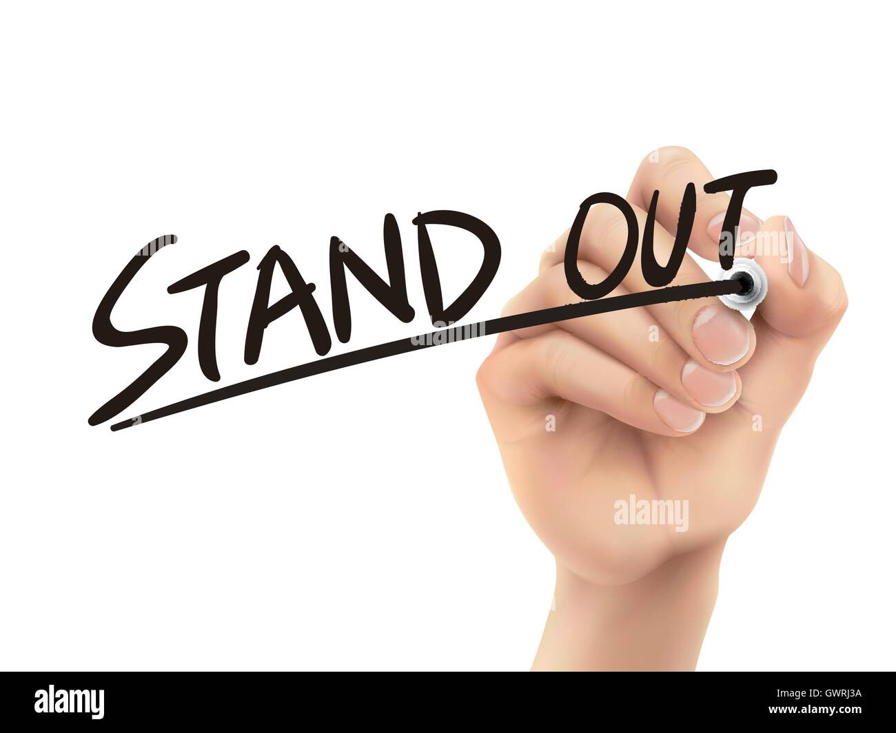 Stand out written by hand, 3D illustration realistic hand writing on ...