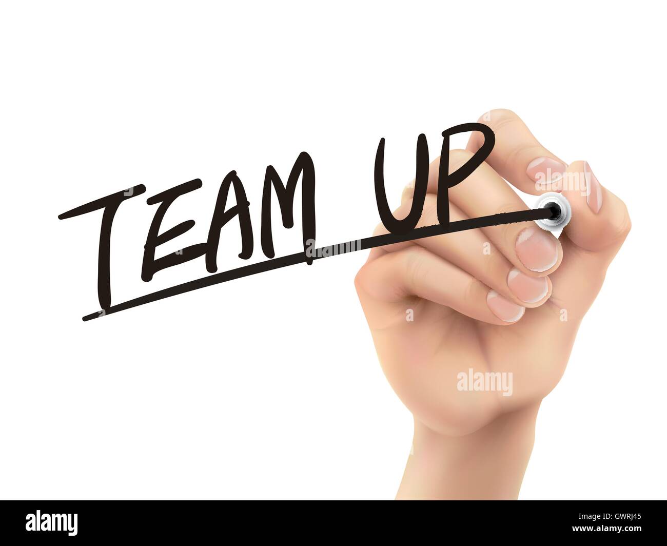 Team up written by hand, 3D illustration realistic hand writing on ...