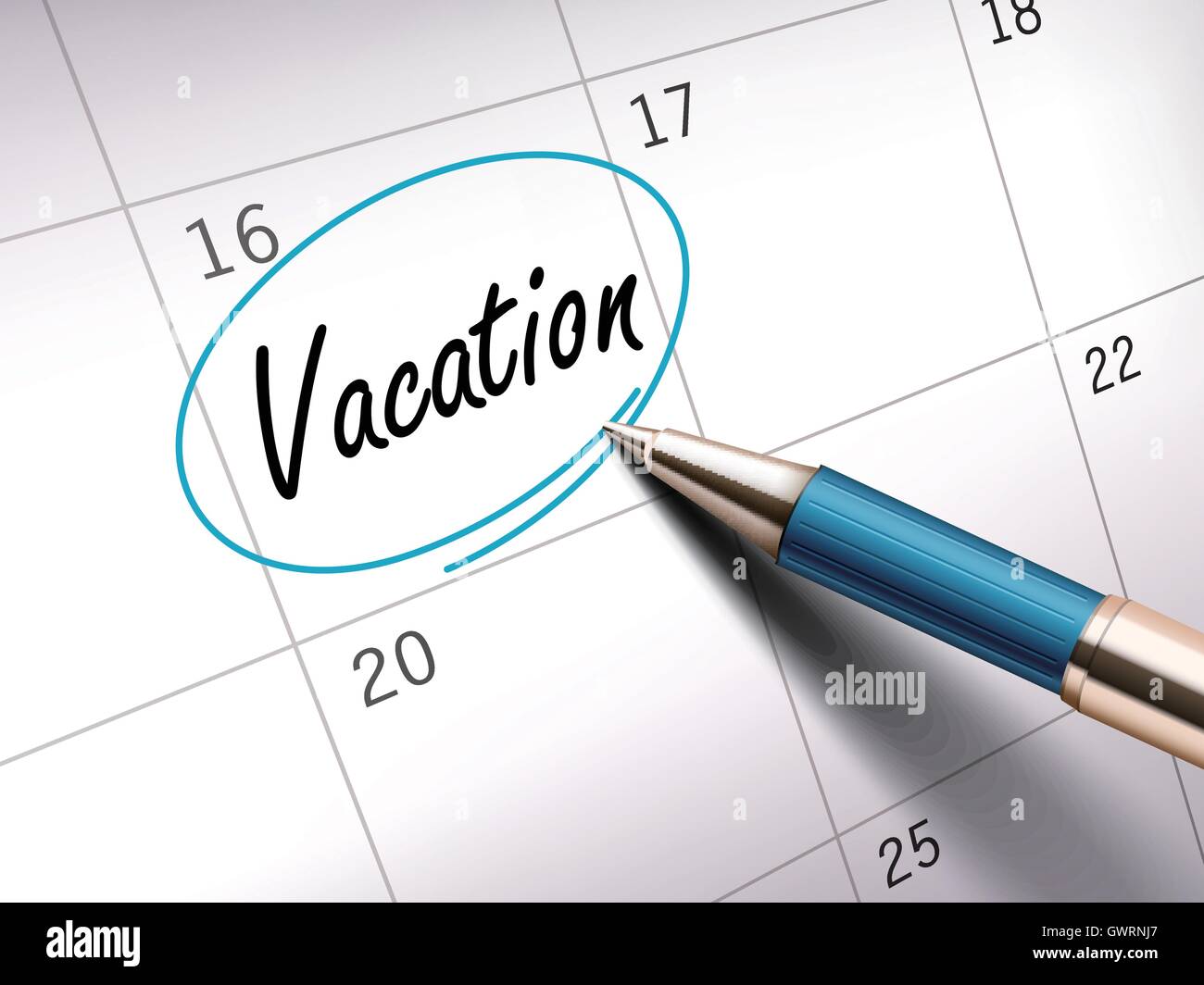 vacation word circle marked on a calendar by a blue pen. 3D ...