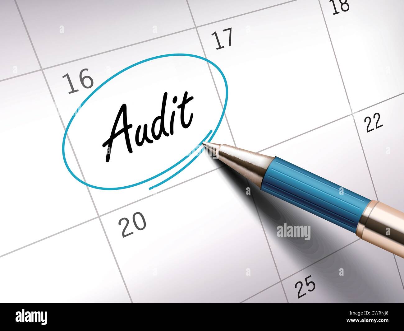 audit word circle marked on a calendar by a blue ballpoint pen. 3D ...
