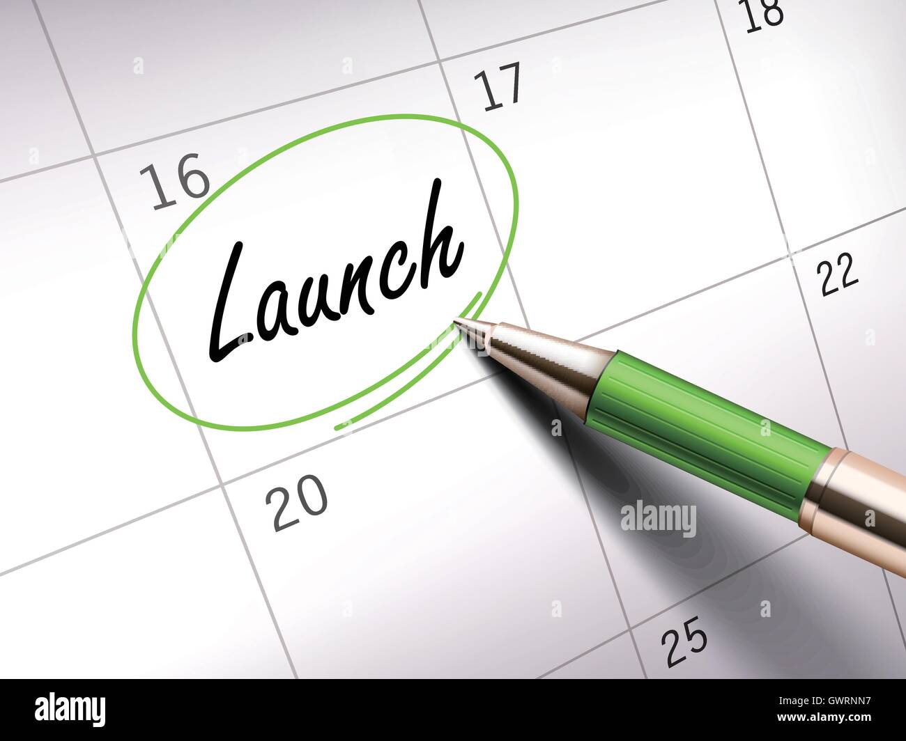 launch word marked on a calendar by a green ballpoint pen. 3D ...