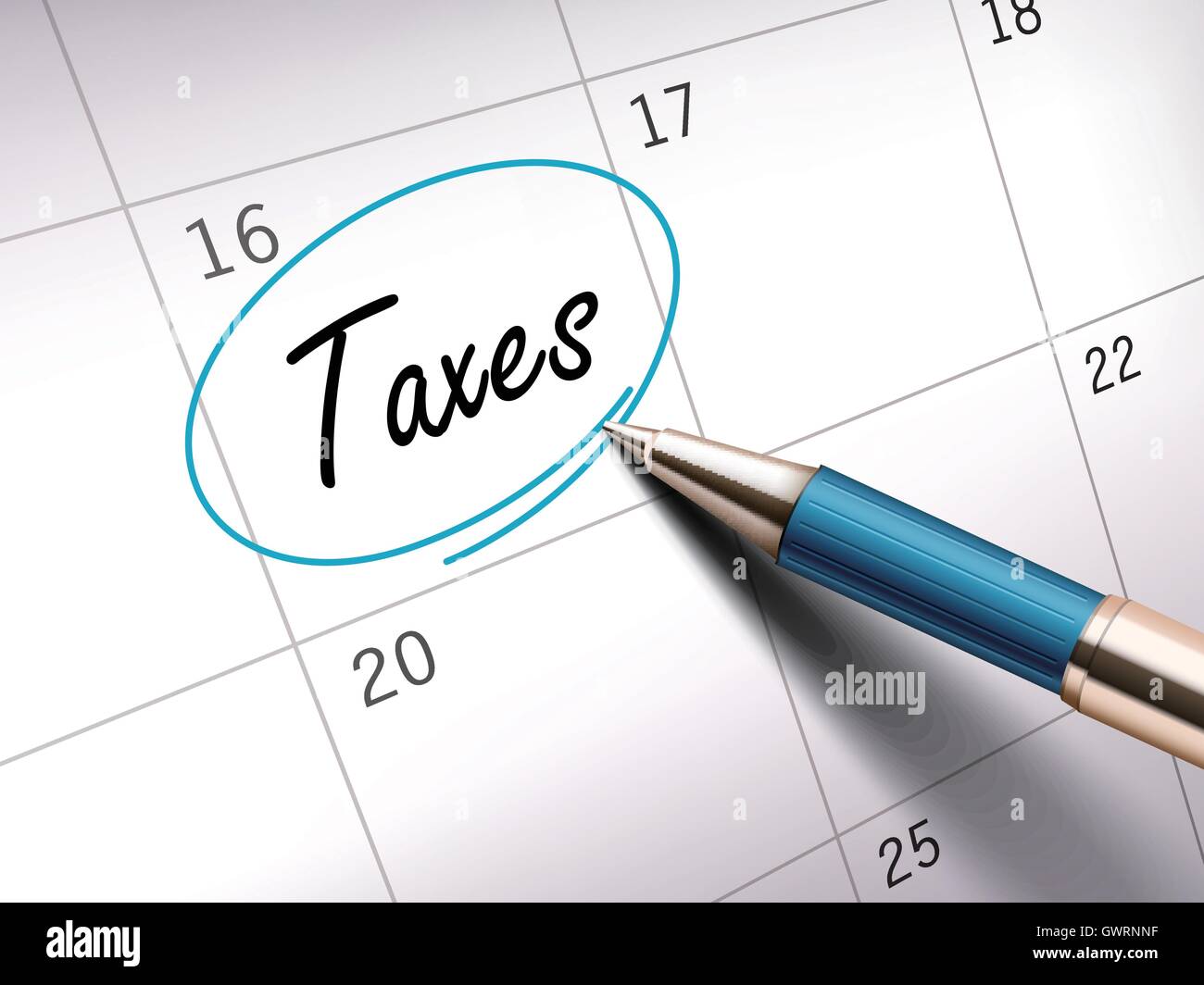 taxes word circle marked on a calendar by a blue ballpoint pen. 3D ...