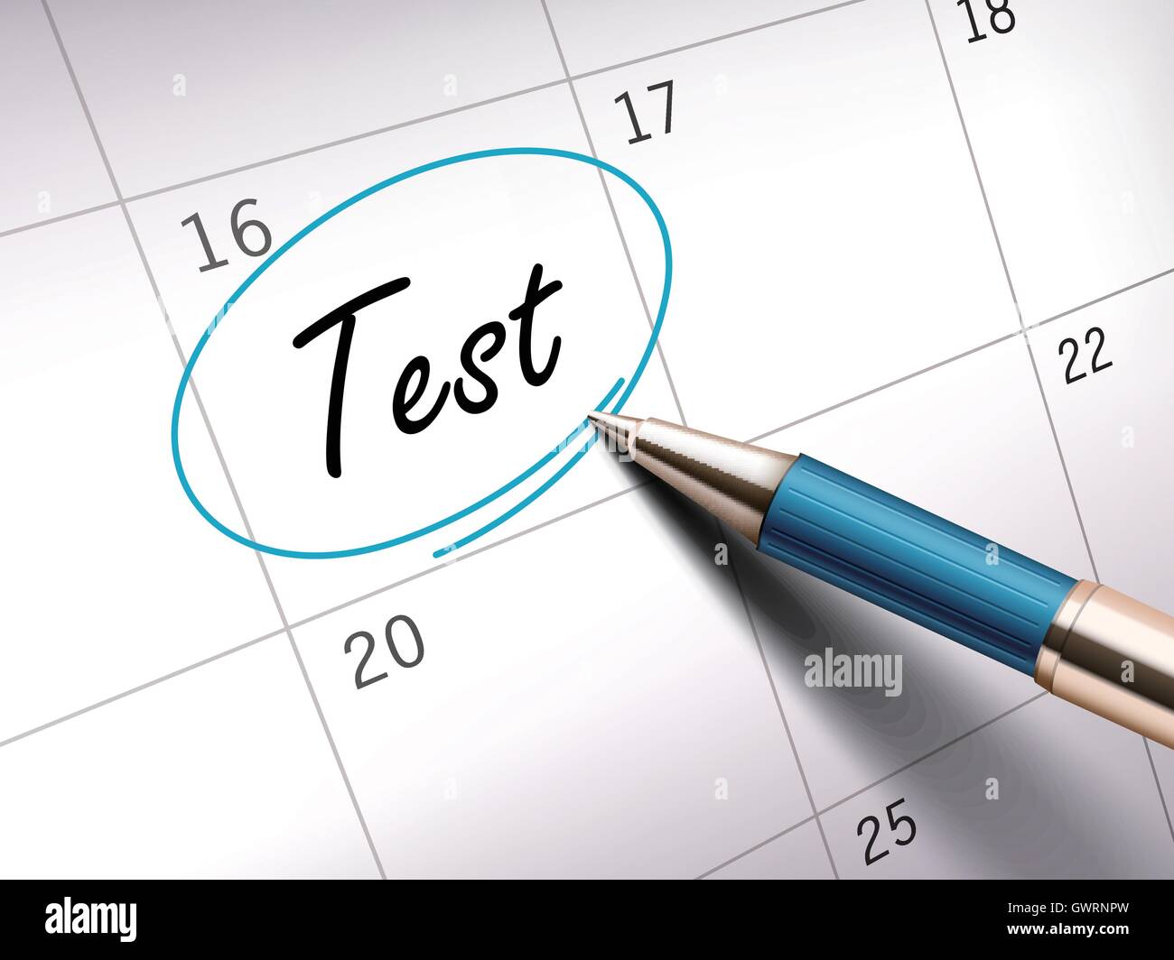 test word circle marked on a calendar by a blue ballpoint pen. 3D ...