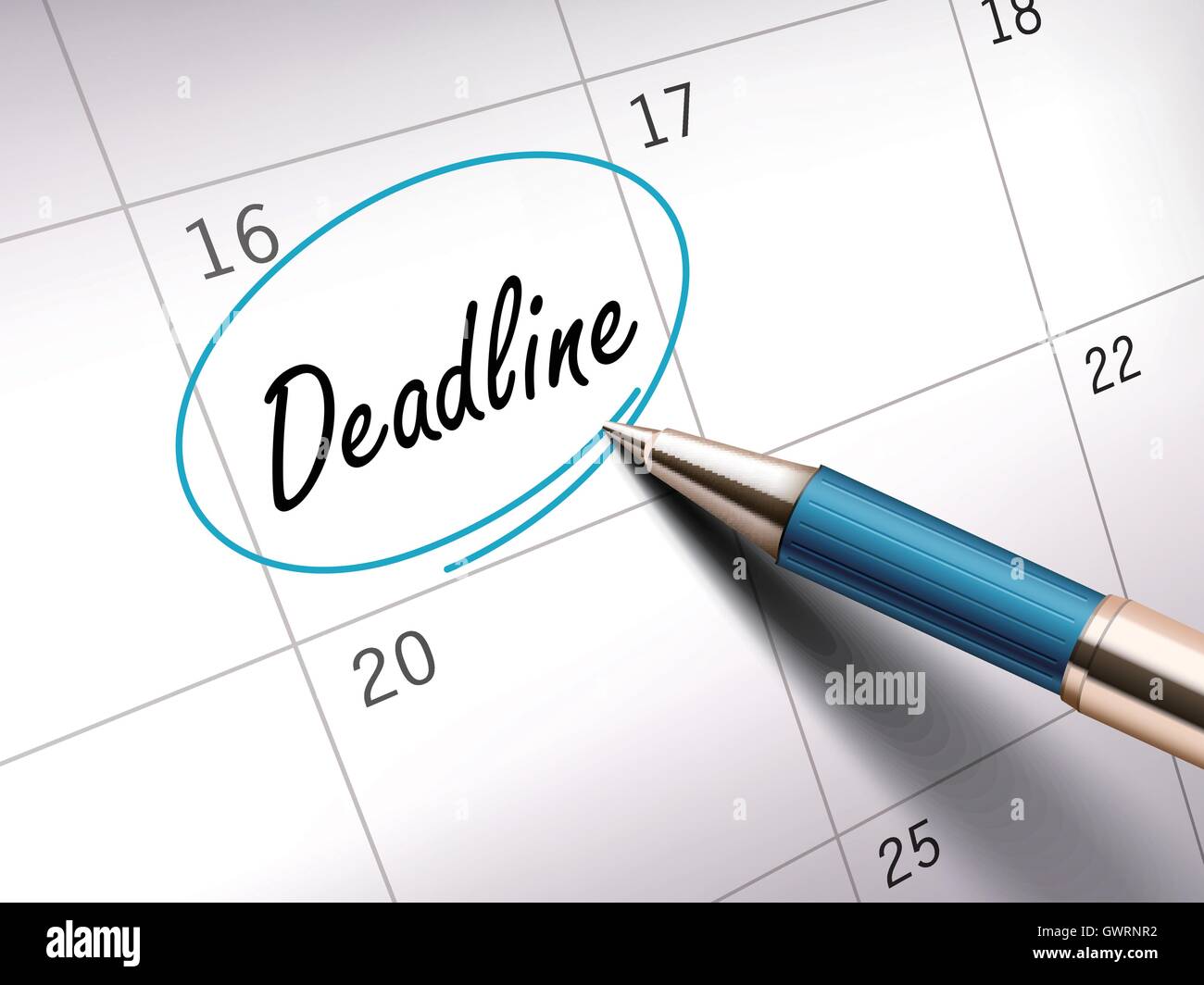 deadline word circle marked on a calendar by a blue ballpoint pen. 3D ...