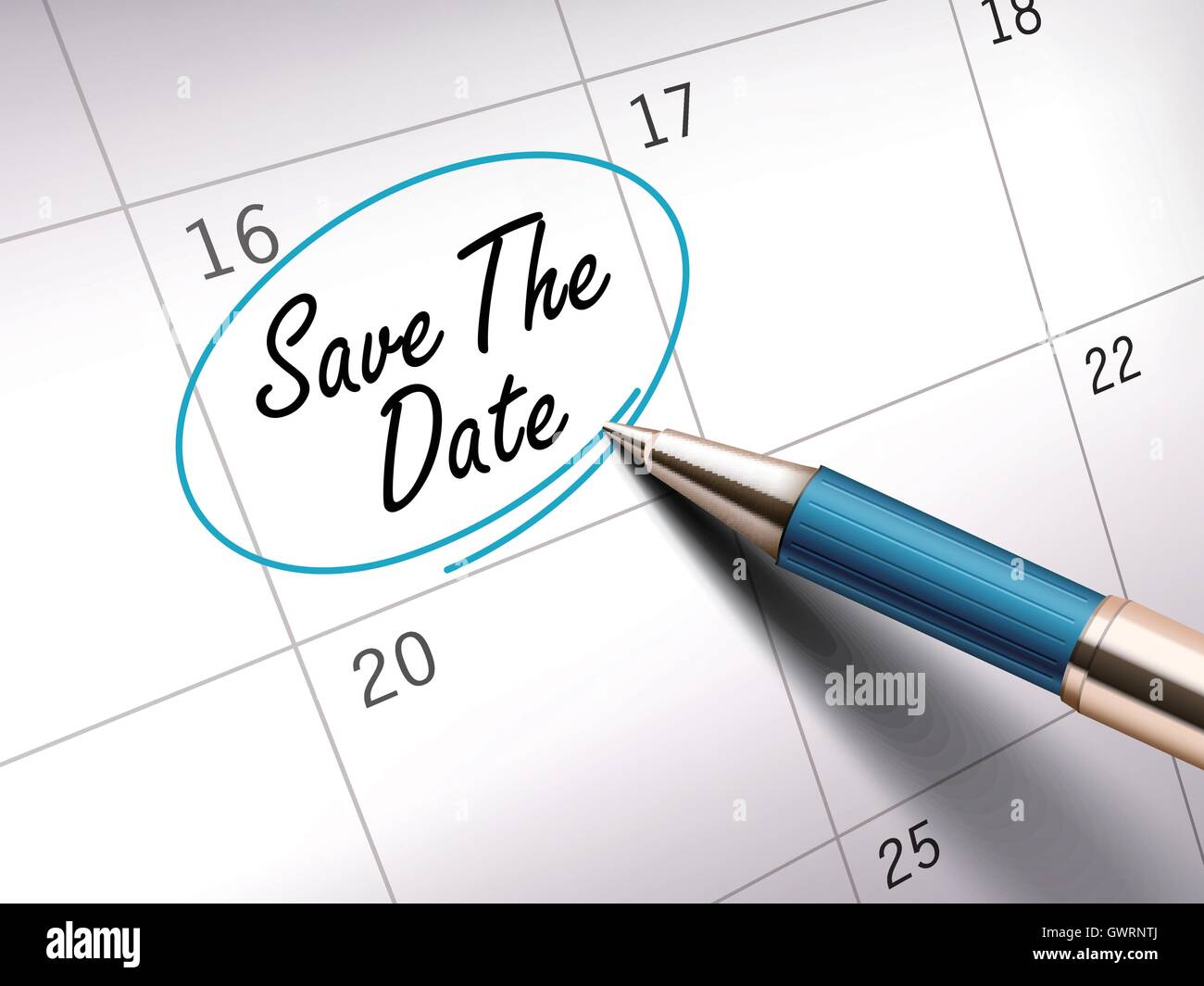 save the date words circle marked on a calendar by a blue ballpoint pen ...