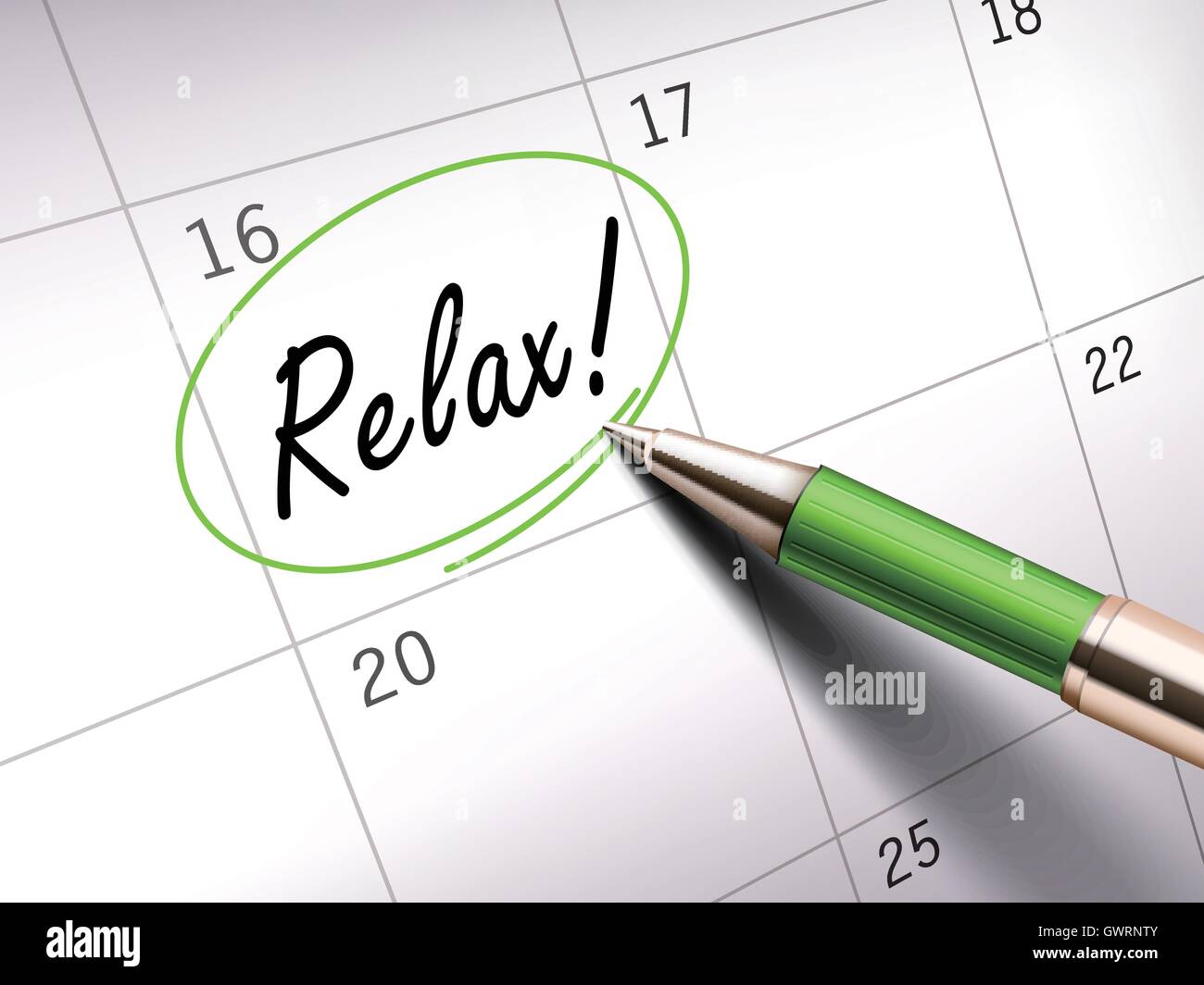 Relax words circle marked on a calendar by a green ballpoint pen Stock ...