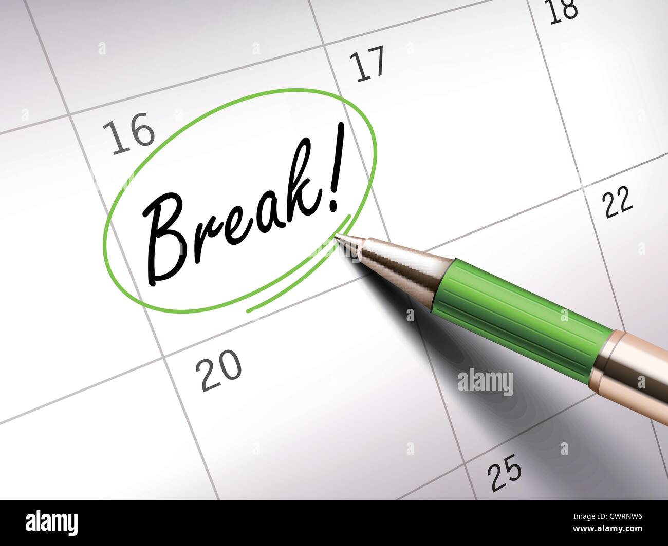 Break words circle marked on a calendar by a green ballpoint pen Stock ...