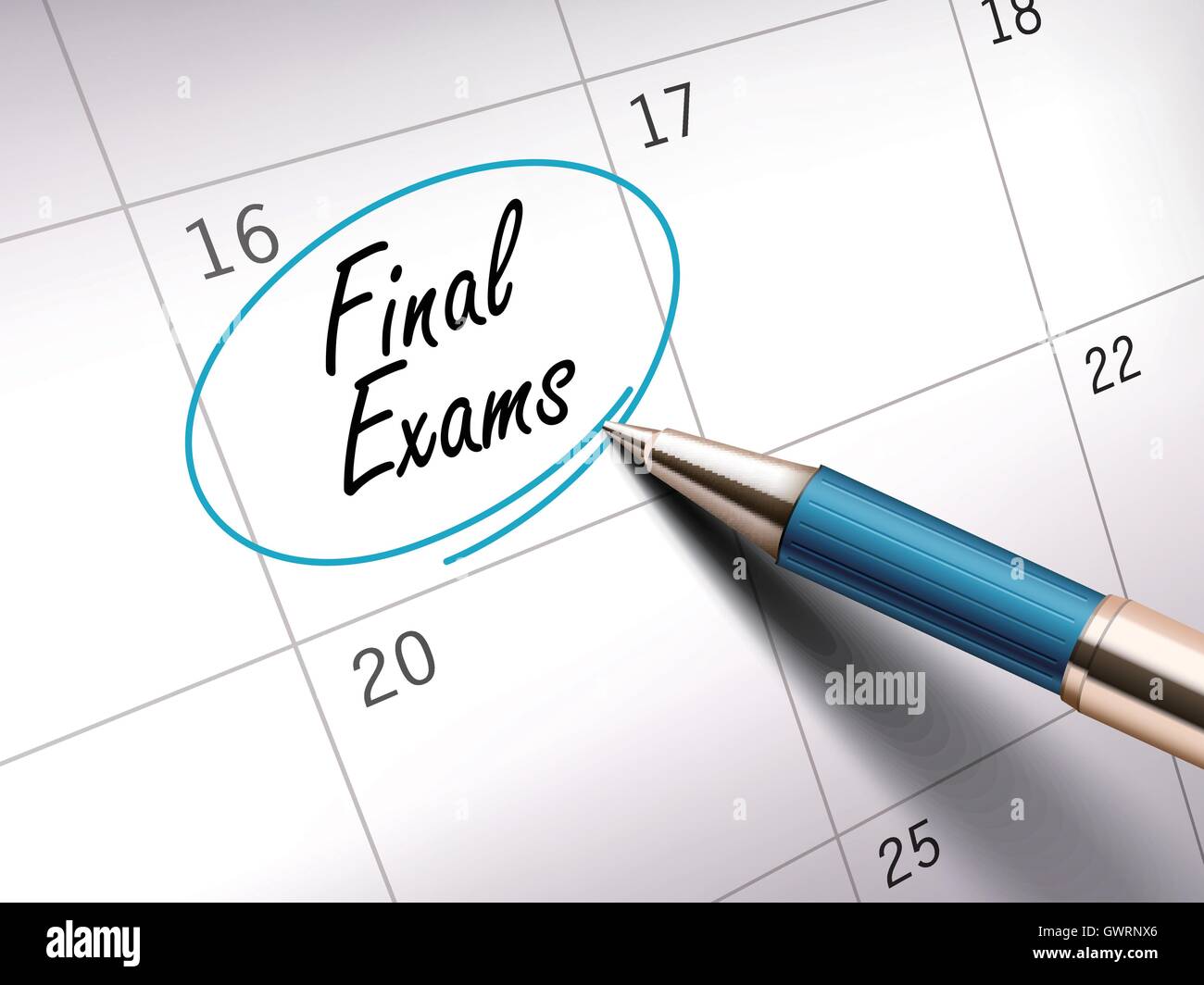 final exams words circle marked on a calendar by a blue ballpoint pen ...