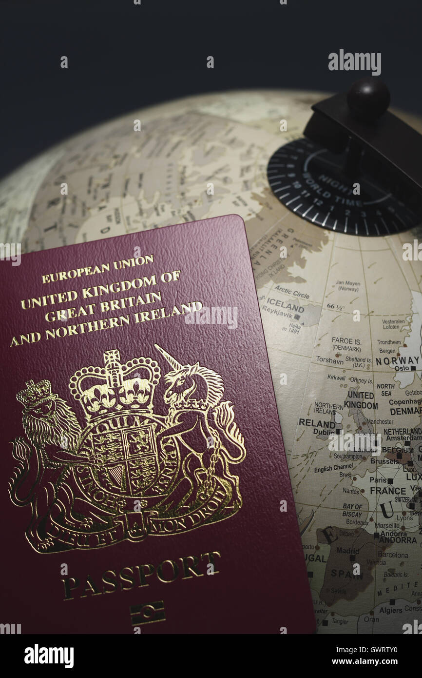 UK passport on world map Stock Photo - Alamy