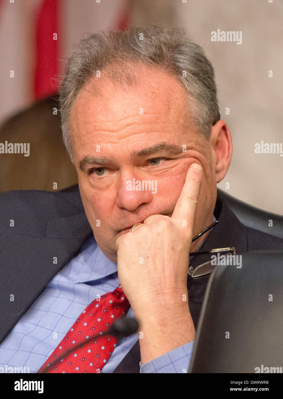 United States Senator Tim Kaine (Democrat of Virginia) listens to ...