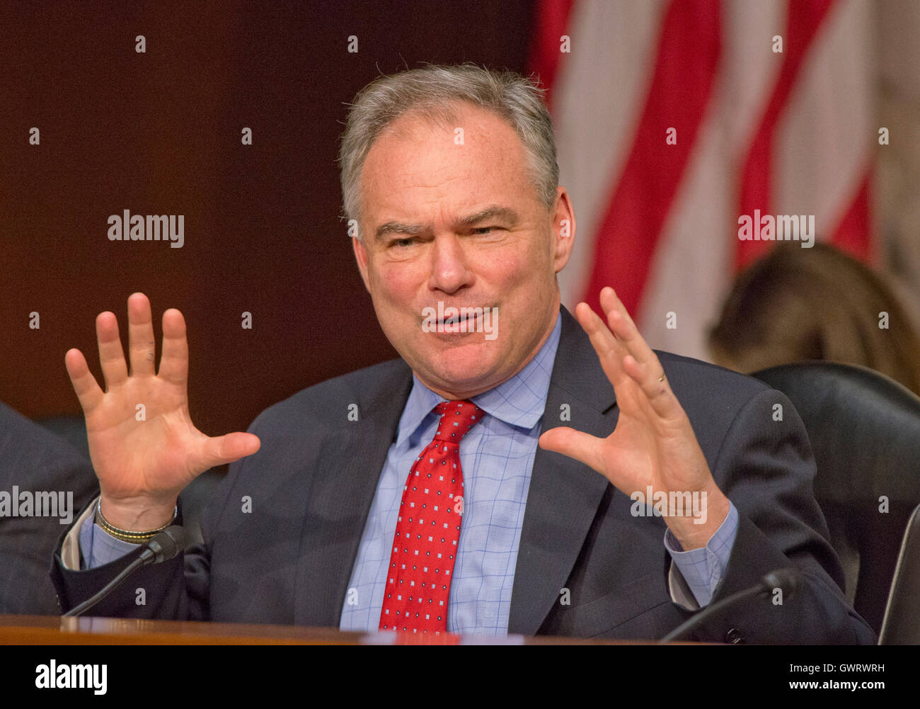 United States Senator Tim Kaine (Democrat of Virginia) asks a question ...