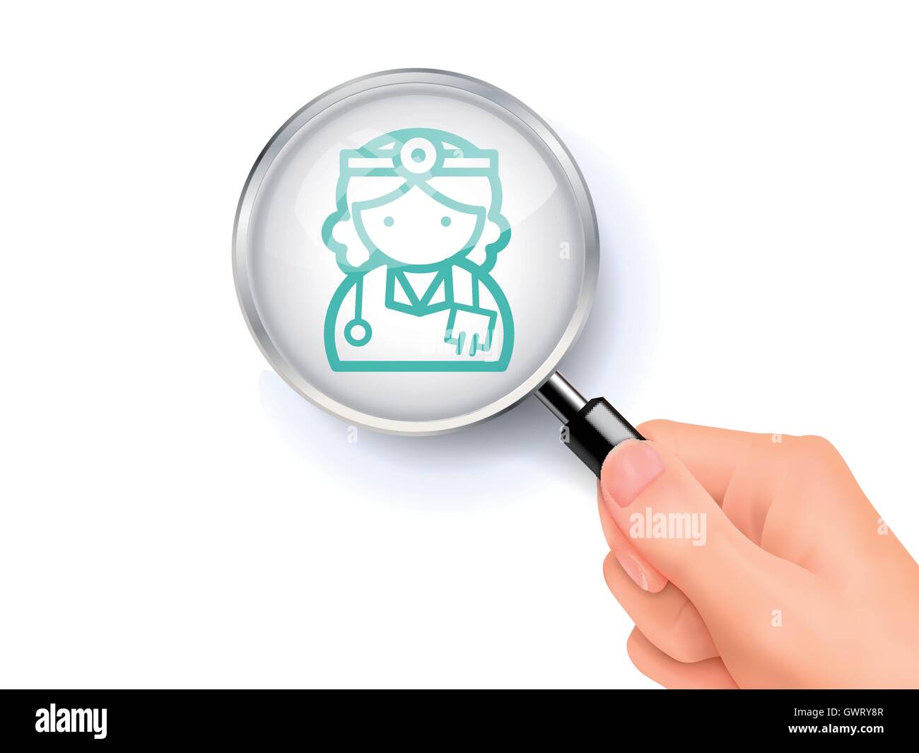 Doctor icon sign showing through by magnifying glass held by hand. 3D ...