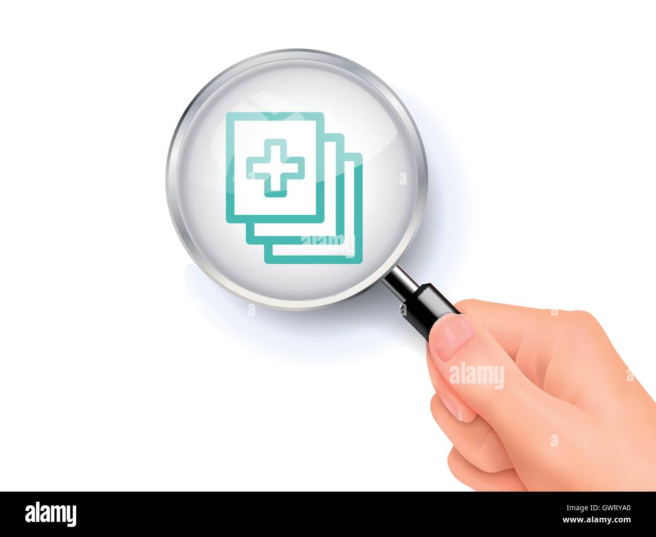 Medical record icon showing through by magnifying glass held by hand ...