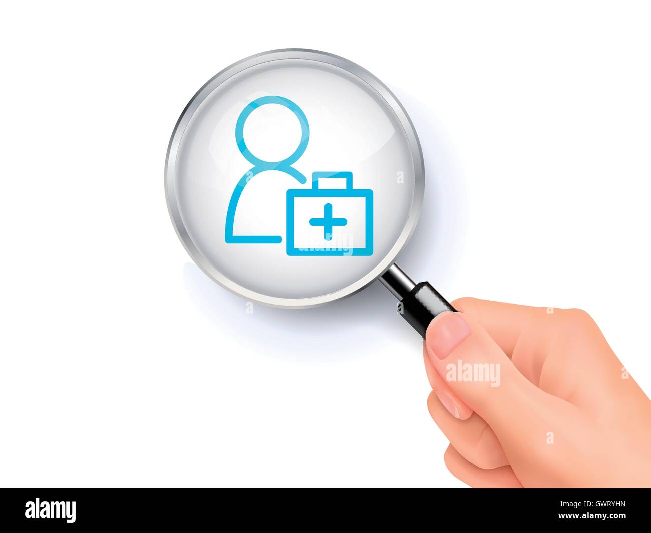 Paramedics icon sign showing through by magnifying glass held by hand ...