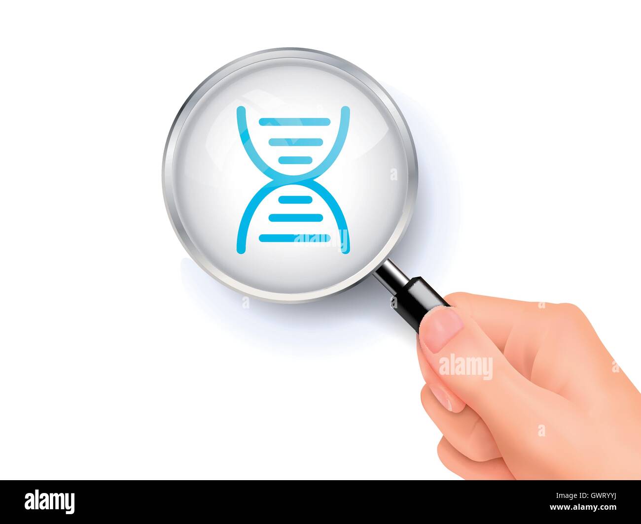 DNA icon sign showing through by magnifying glass held by hand. 3D ...