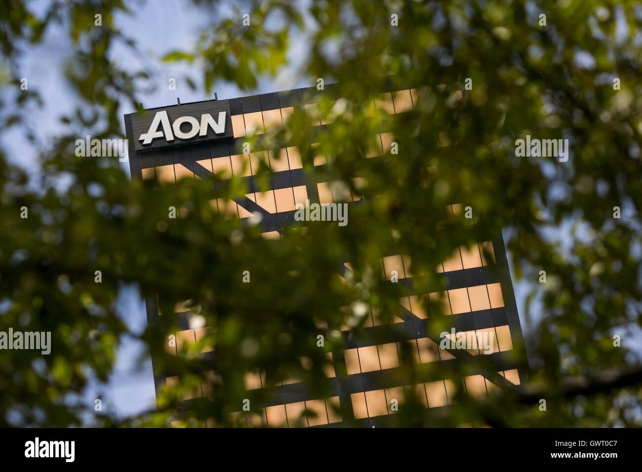A logo sign outside of a facility occupied by Aon plc in Southfield ...