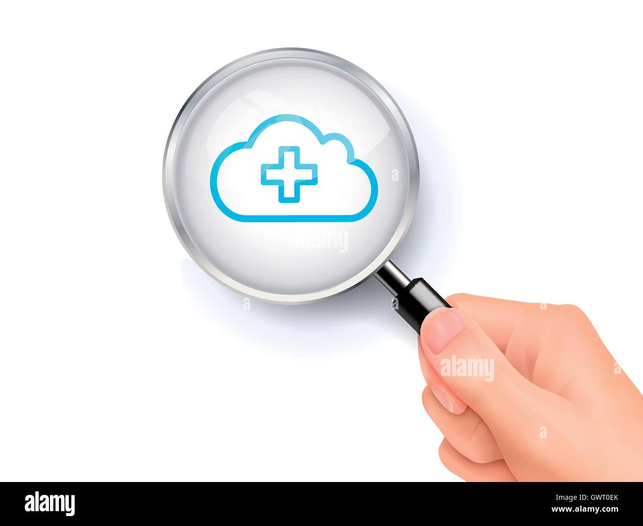 Medical cloud icon sign showing through by magnifying glass held by ...