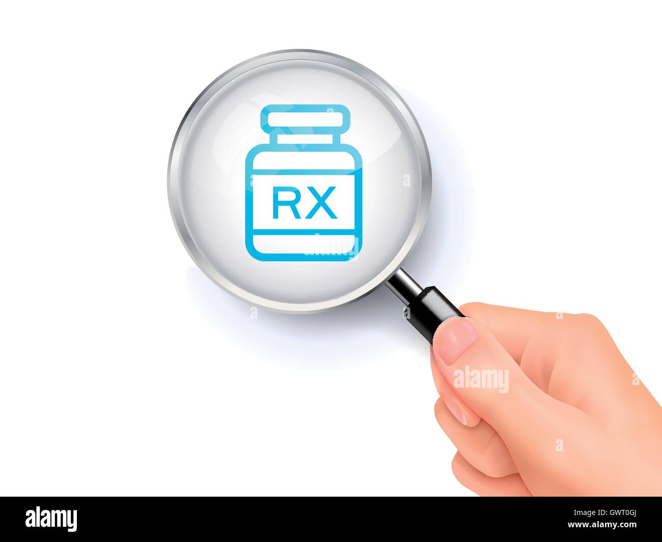 Rx icon sign showing through by magnifying glass held by hand. 3D ...