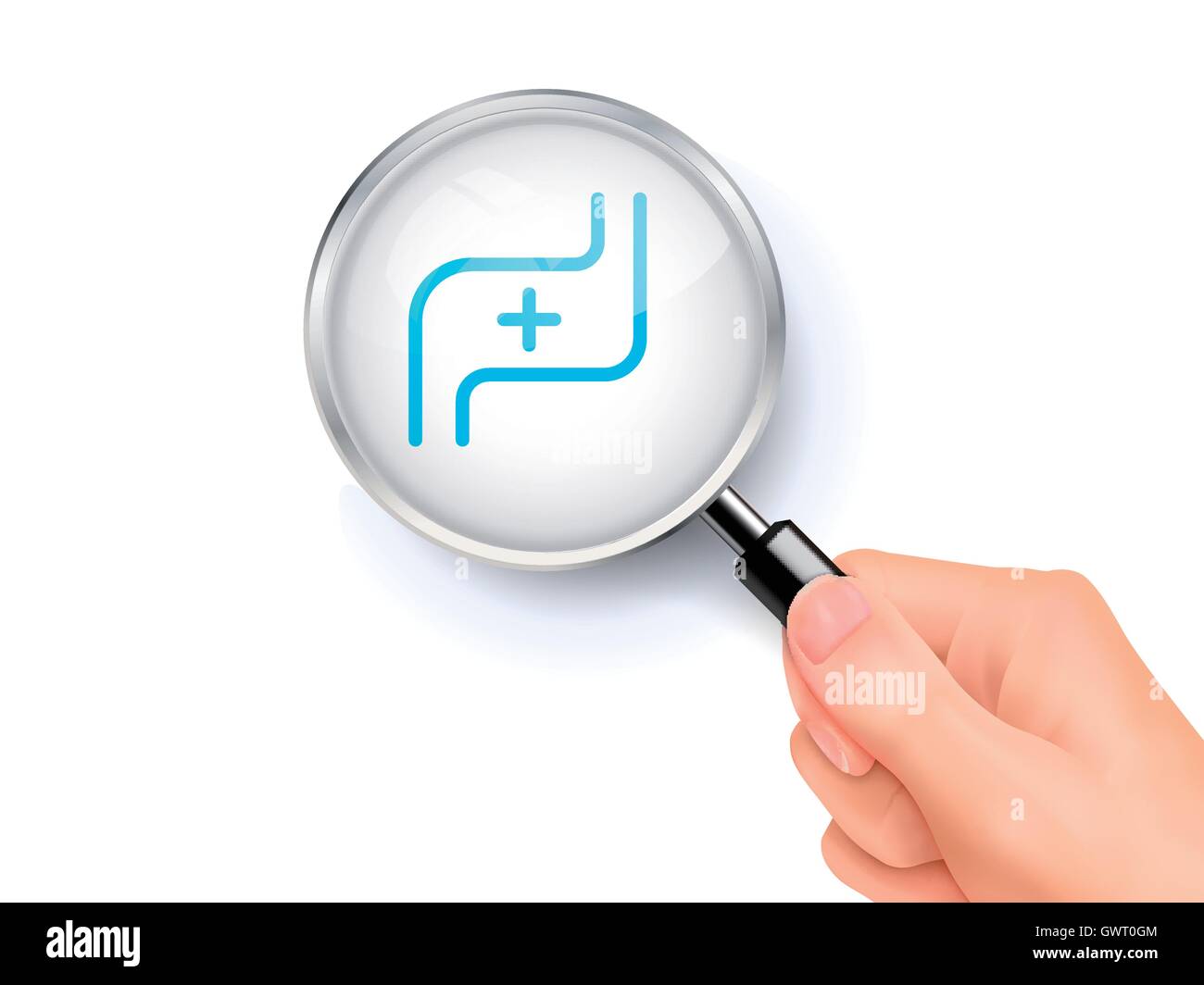 Stomach icon sign showing through by magnifying glass held by hand. 3D ...