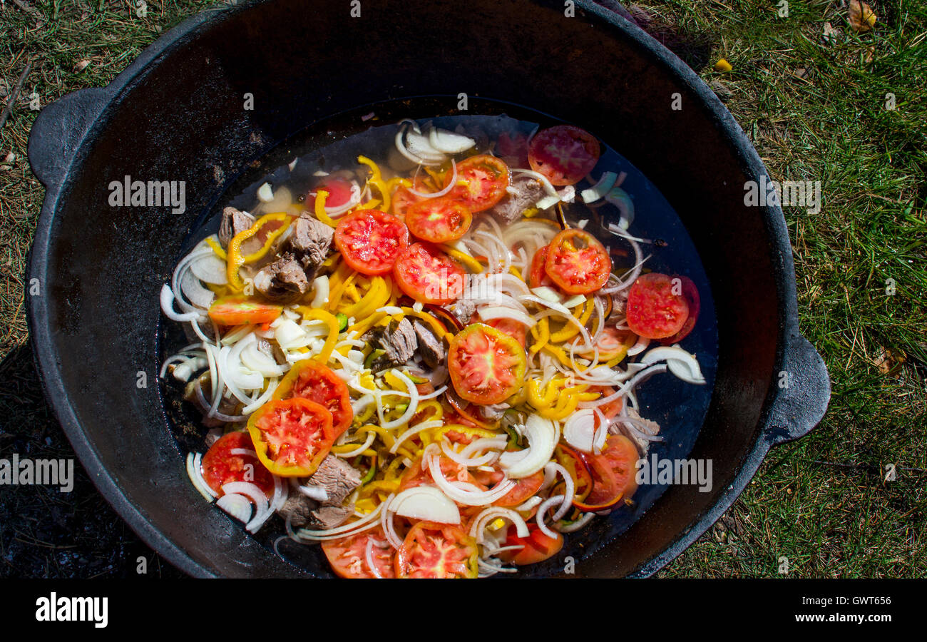 Pig iron copper with cut vegetables and meat hi-res stock photography ...