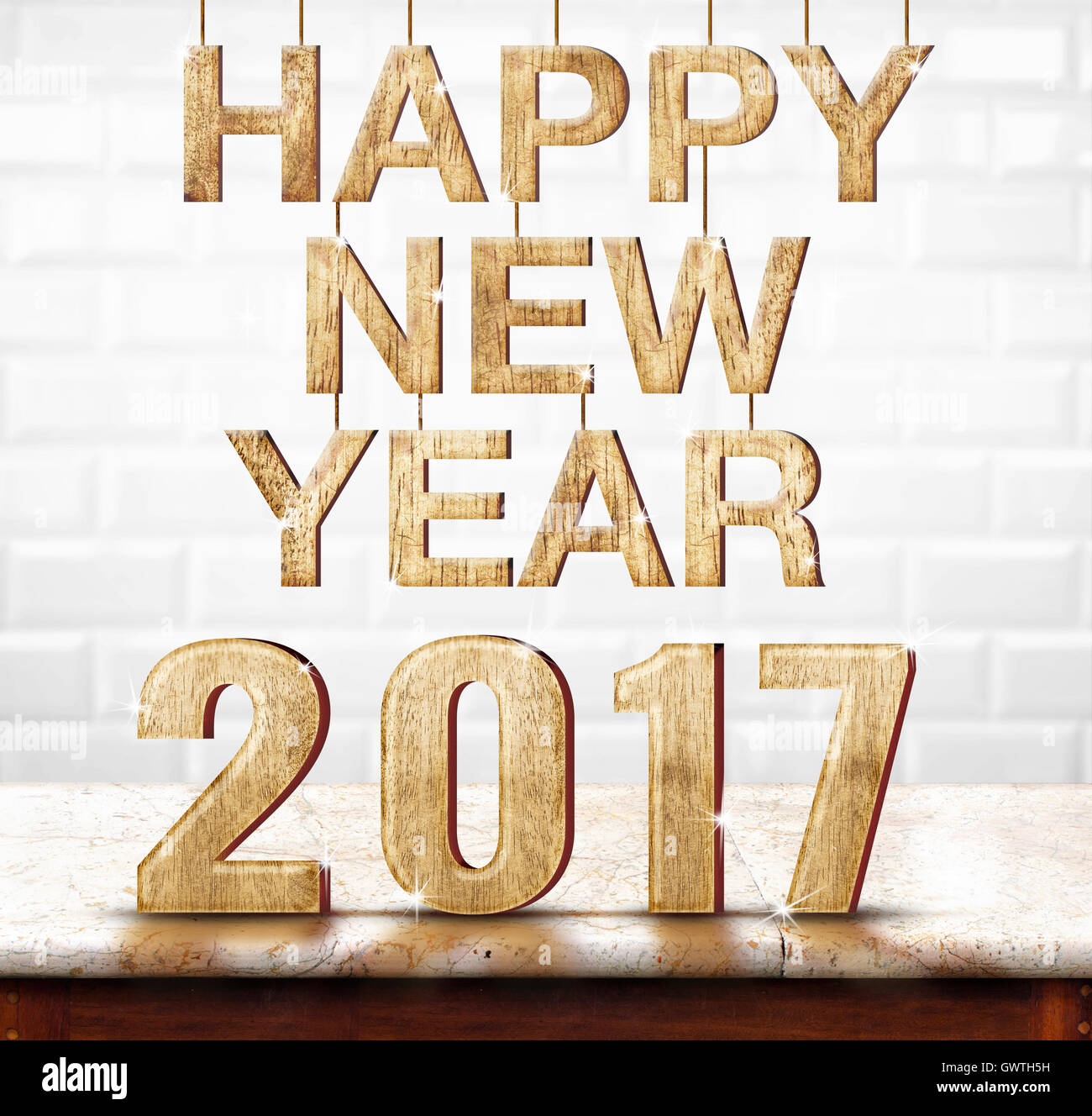 Happy New Year 2017 wood texture on marble table with white ceramic ...