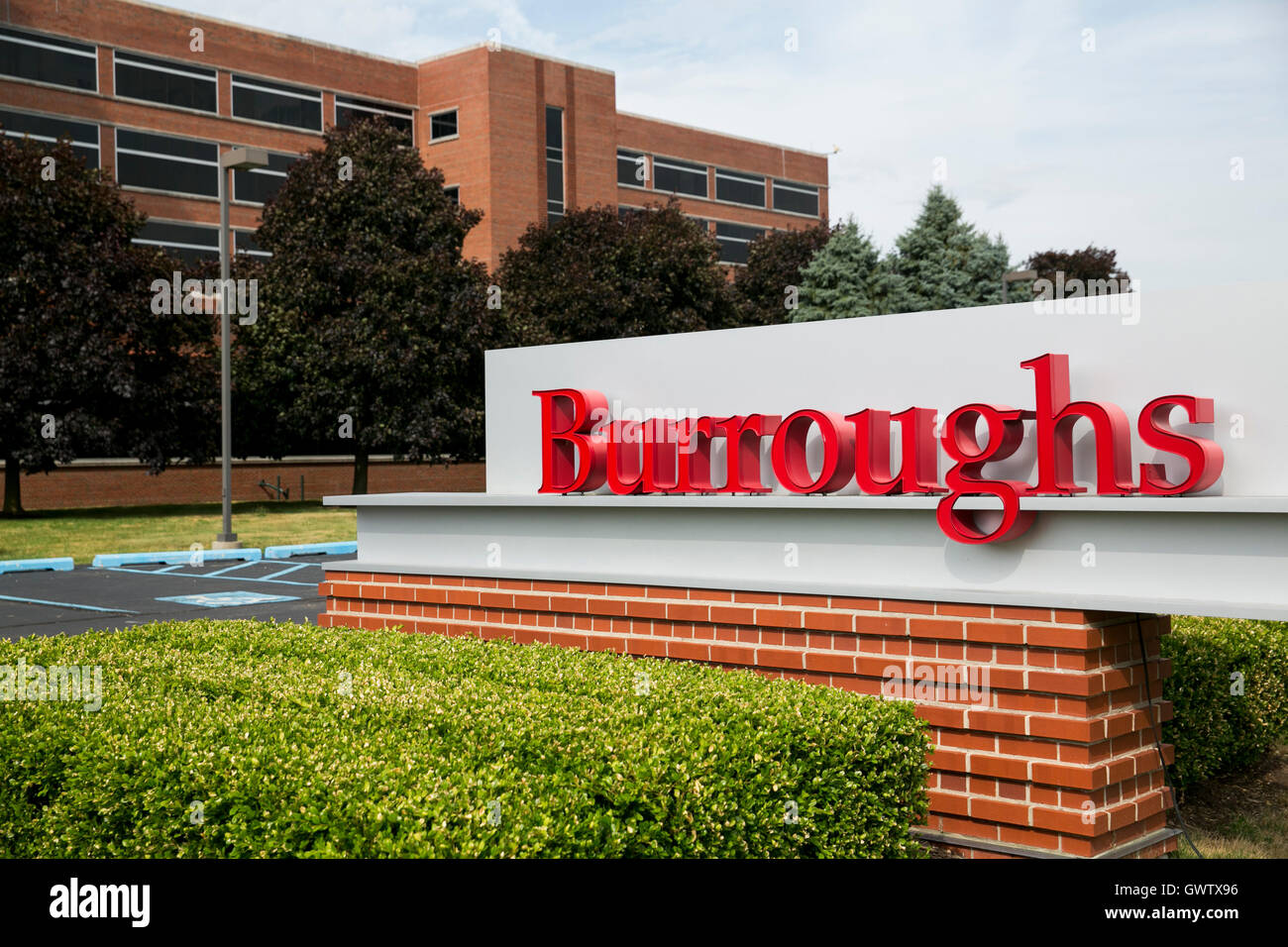 A logo sign outside of the headquarters of Burroughs Inc., in Plymouth ...
