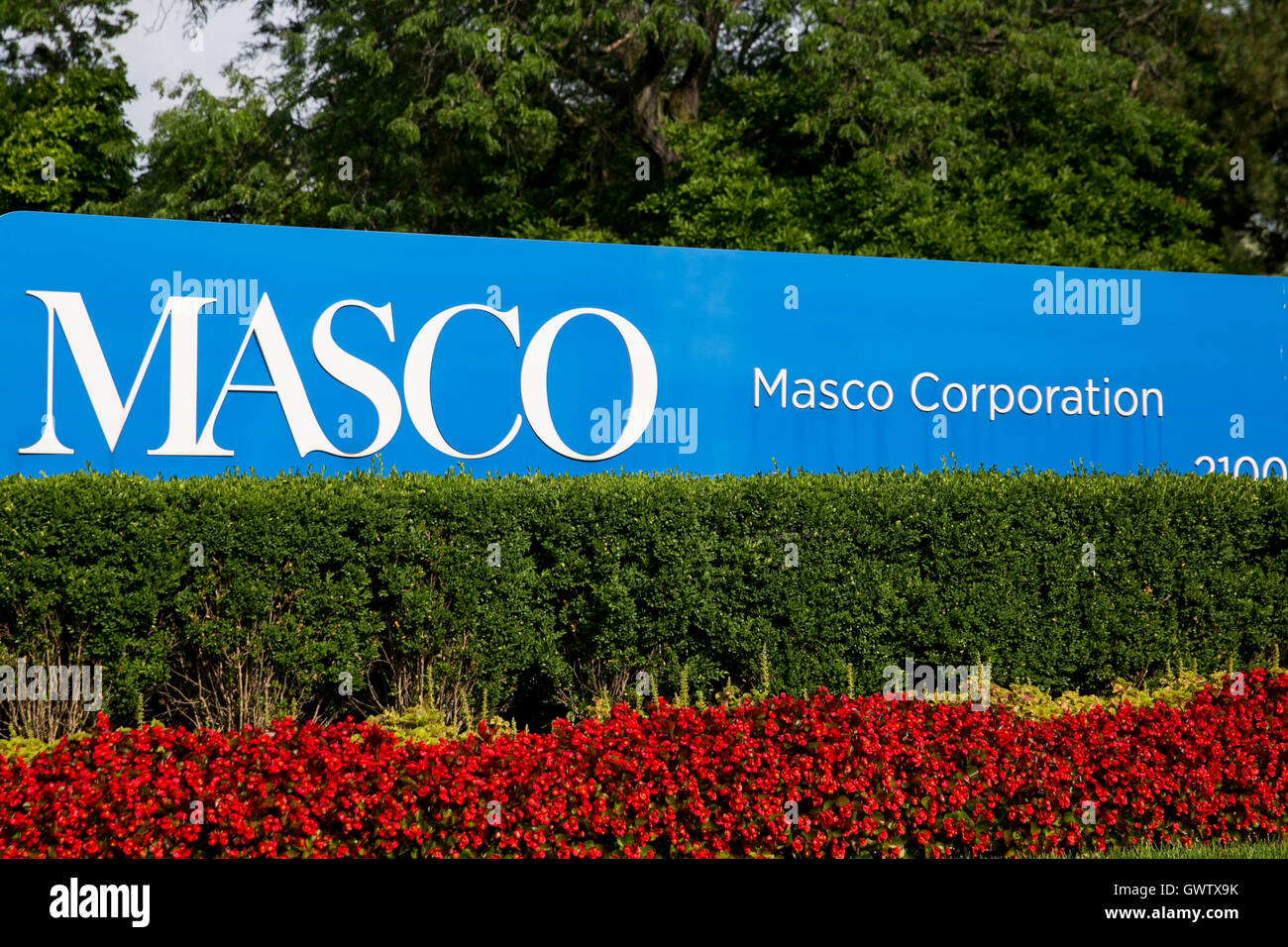 A logo sign outside of the headquarters of the Masco Corporation in ...