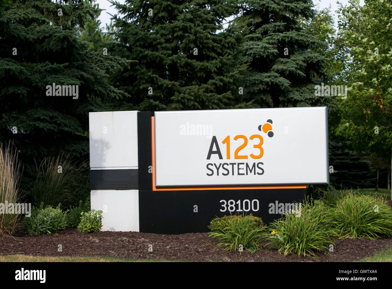 A logo sign outside of a facility occupied by A123 Systems in Romulus ...