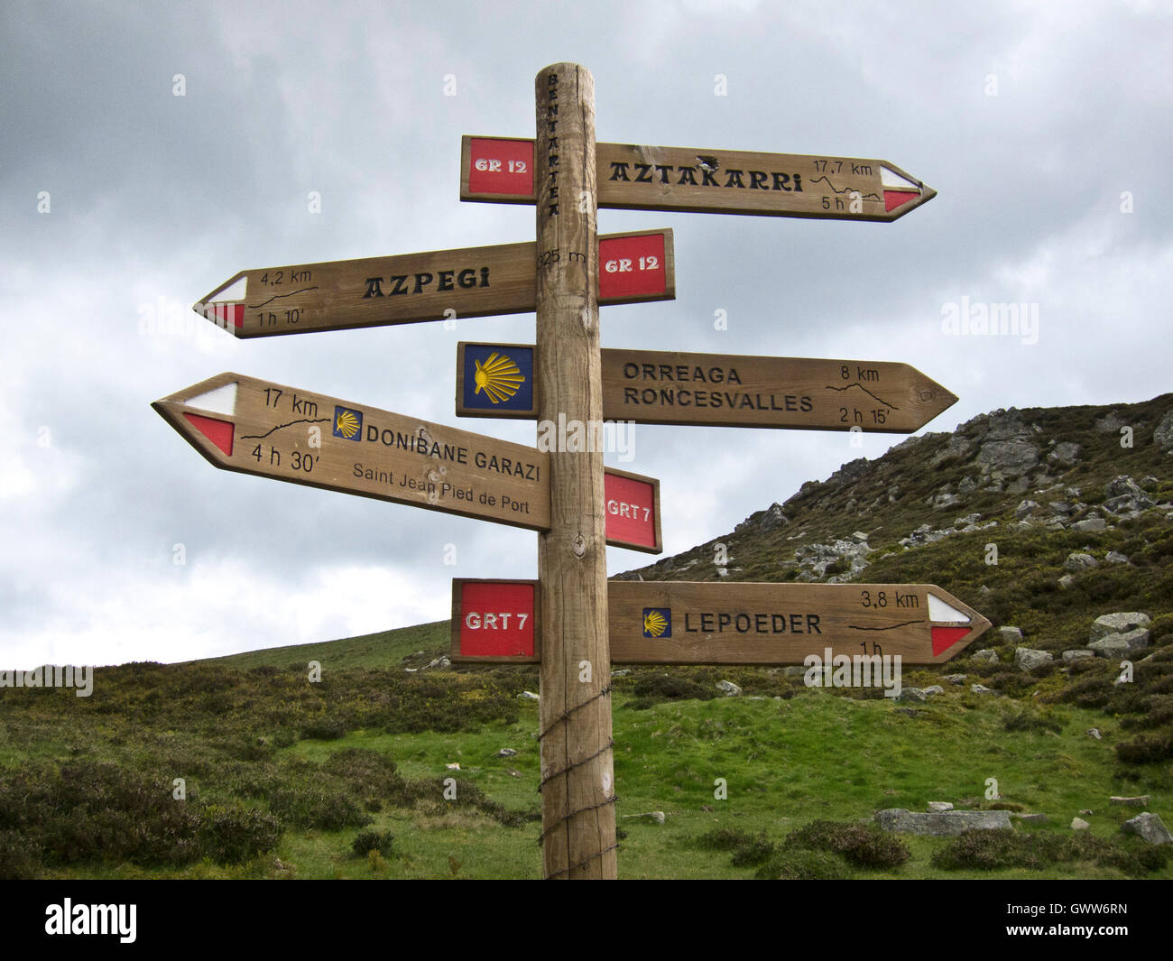 Signs along the Camino de Santiago, route Frances Stock Photo - Alamy