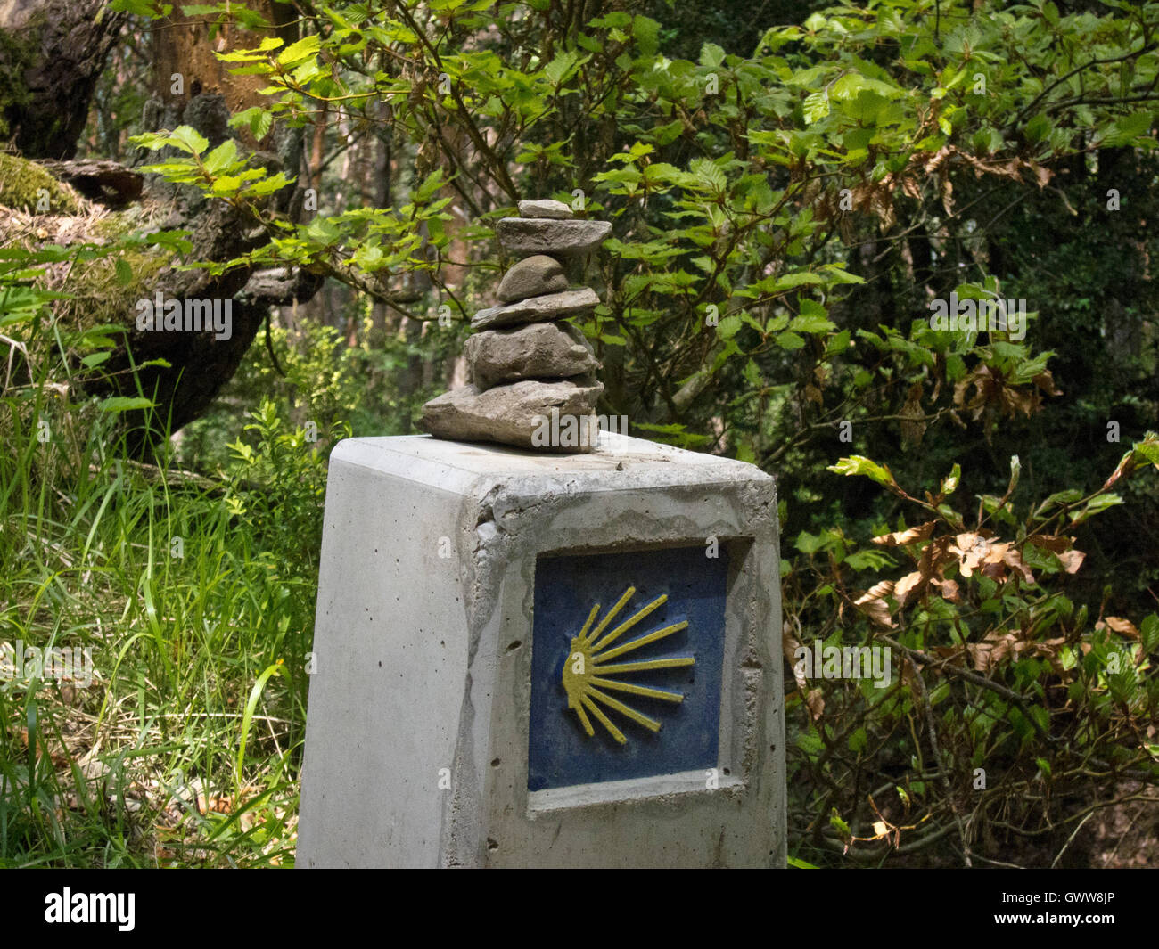 Way marker with stones along the Camino de Santiago, route Frances ...
