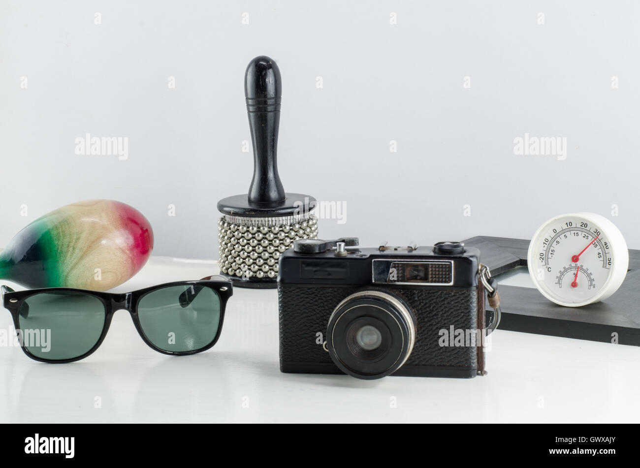 group of old traveler accessories and lifestyle on white background ...