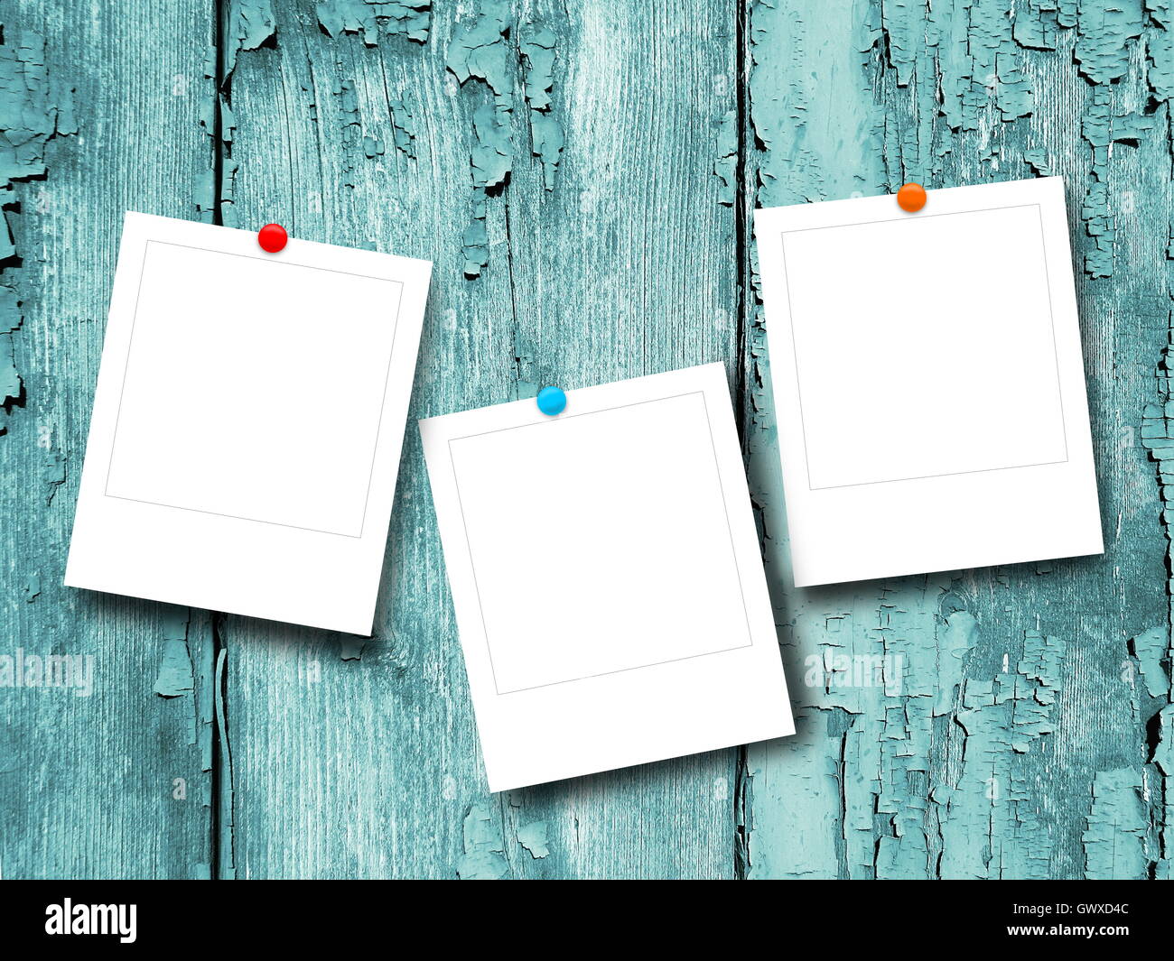 Close-up of three blank instant photo frames with pins on aqua ...