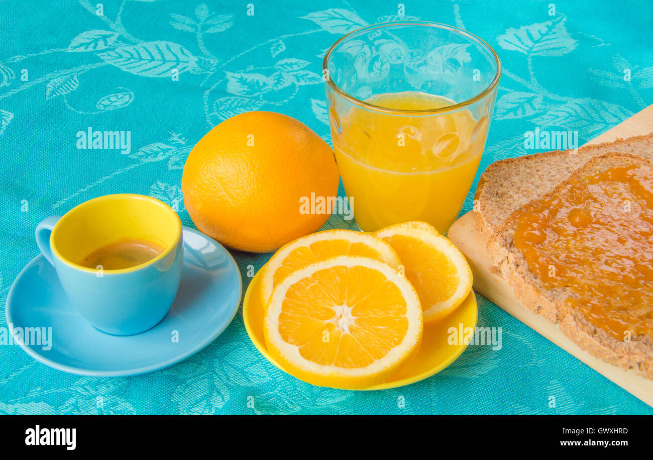 Good morning with orange juice, bread and jam Stock Photo - Alamy