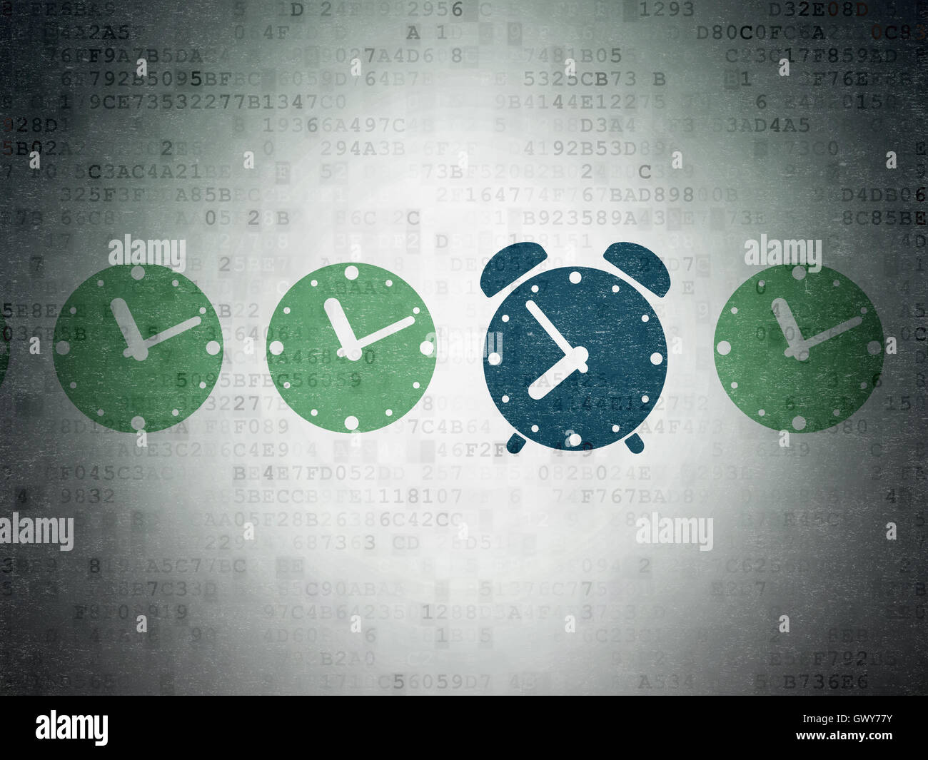 Timeline concept: alarm clock icon on Digital Data Paper background ...