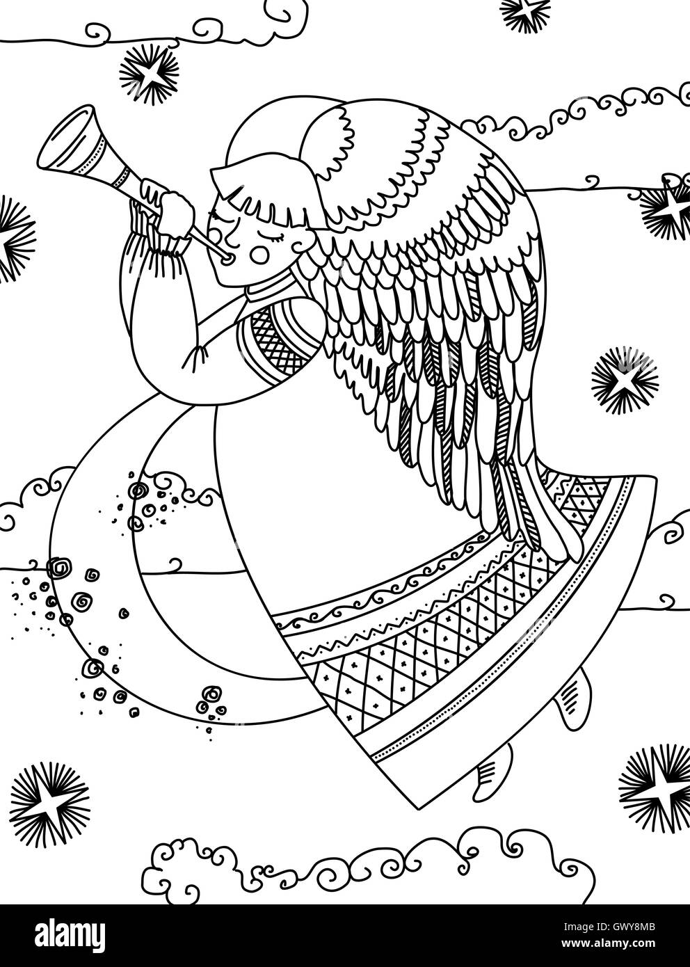 Angel with a flute flying in the night sky. Vector illustration ...