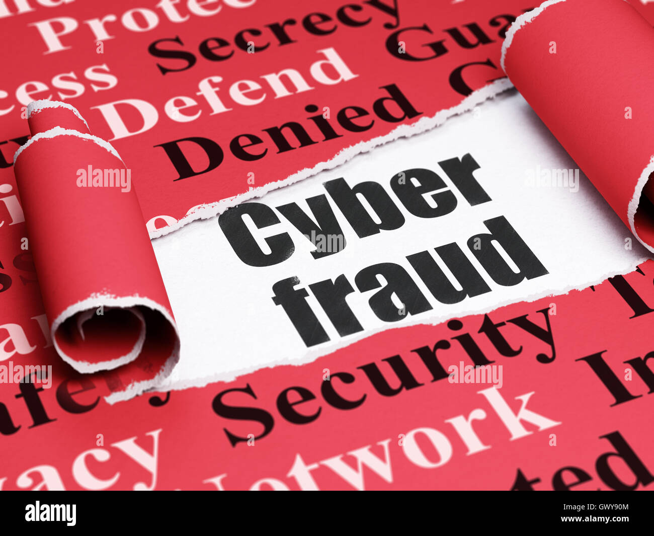 Security concept: black text Cyber Fraud under the piece of torn paper ...