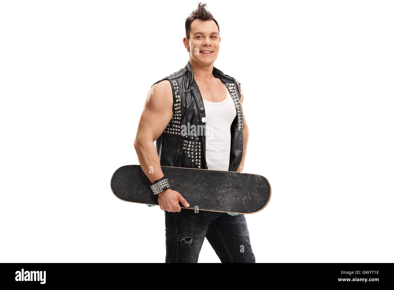 Punker holding a skateboard isolated on white background Stock Photo ...