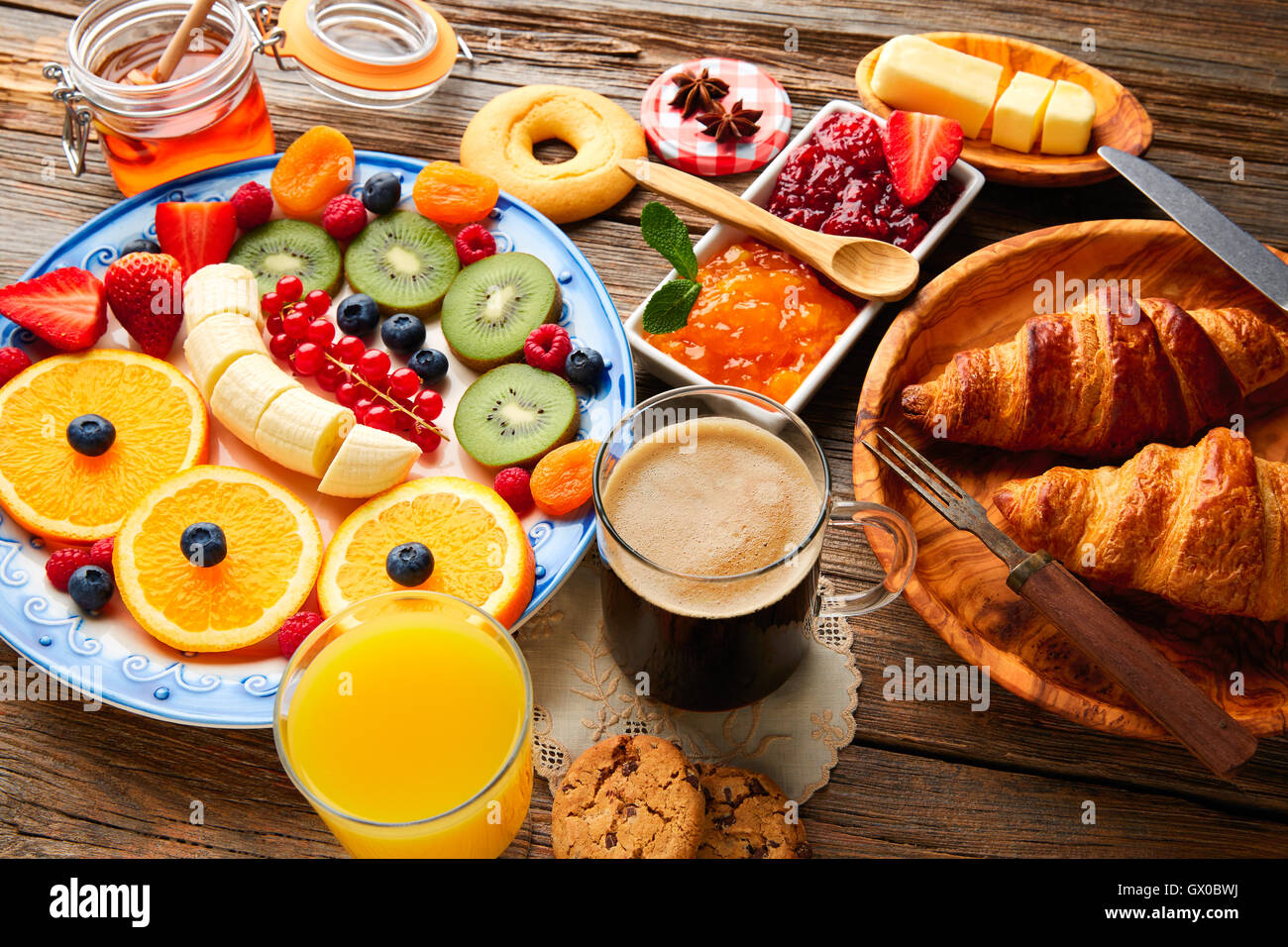 Breakfast buffet healthy continental coffee orange juice fruit salad ...