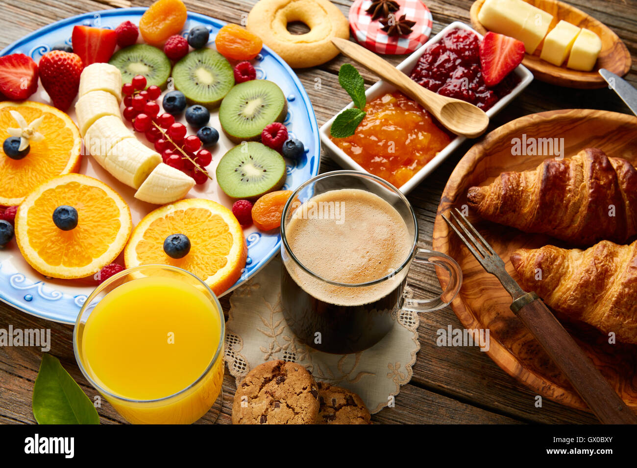 Breakfast buffet healthy continental coffee orange juice fruit salad ...