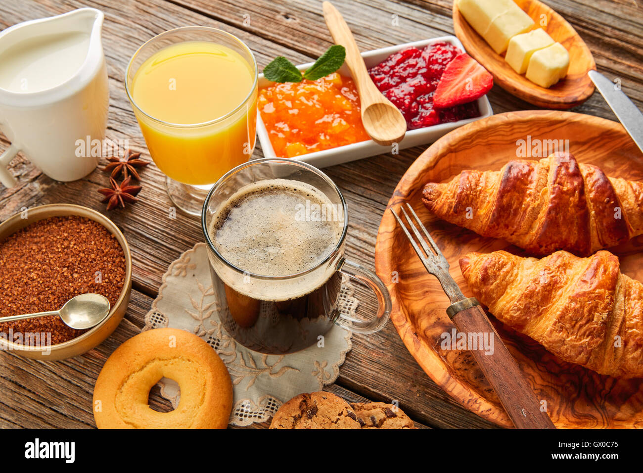 Breakfast continental with croissant coffe and orange juice Stock Photo ...