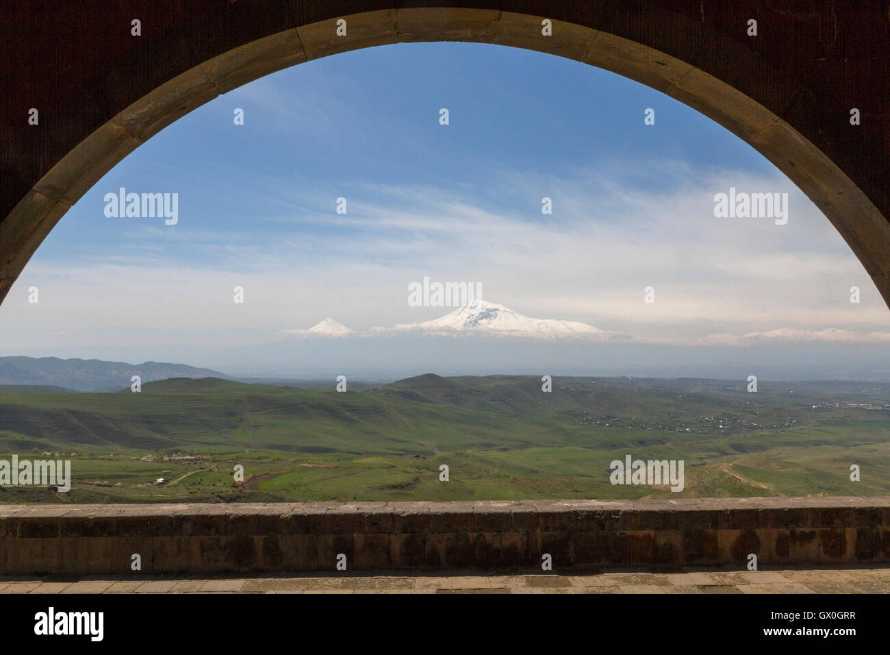 Charent's Arch near the town of Garni in Armenia, with the peaks of ...