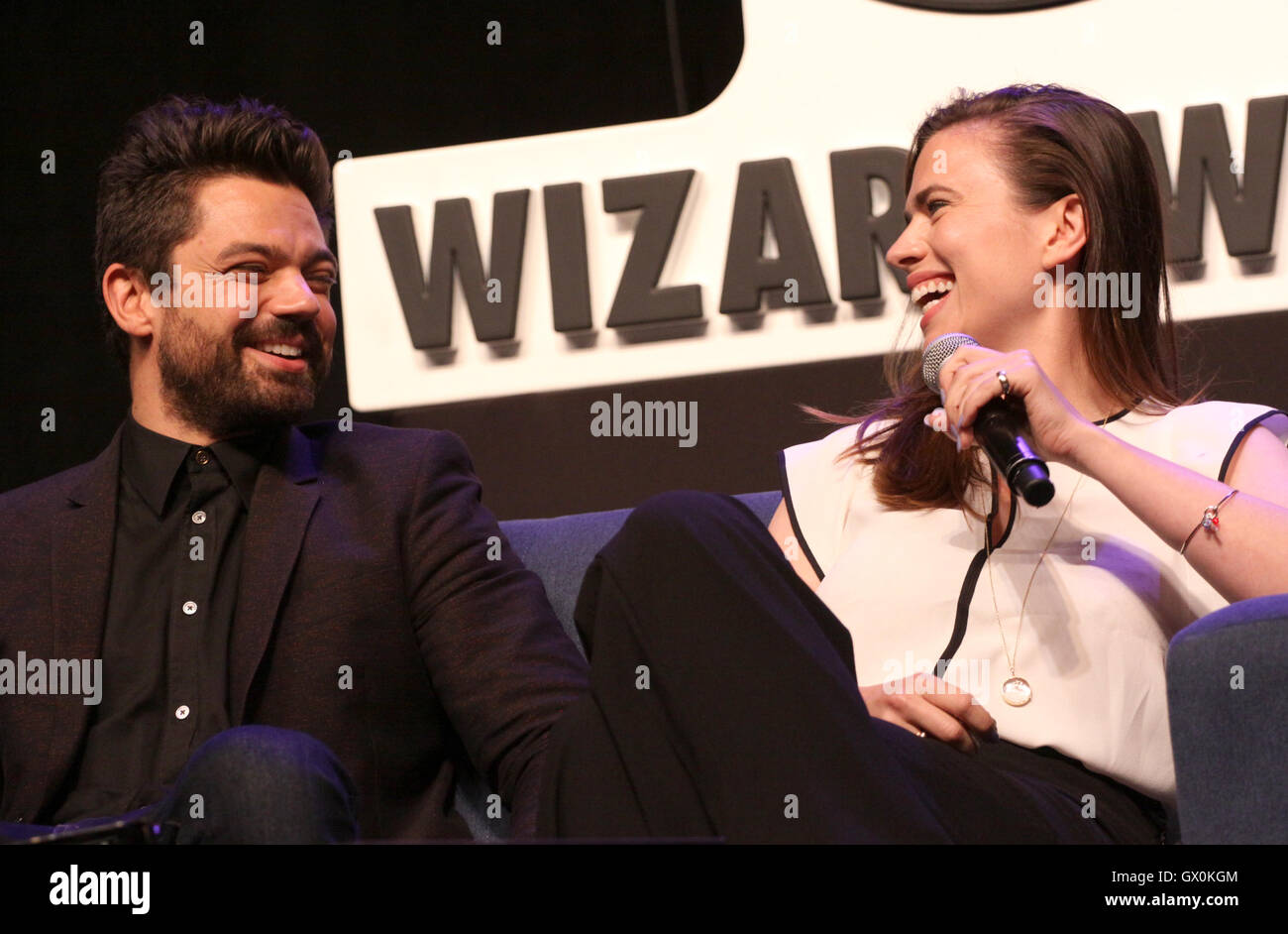 Dominic Cooper and Hayley Atwell speak at a press conference during ...
