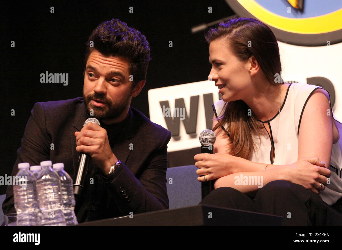 Dominic Cooper and Hayley Atwell speak at a press conference during ...