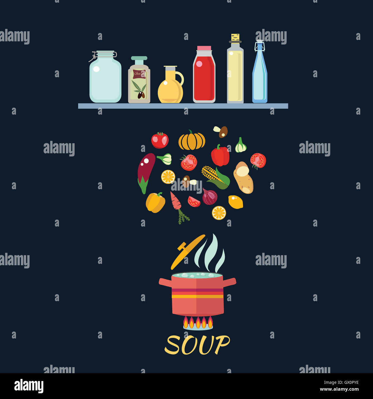 Cooking background with vegetables. Boiled water in pan. Vegetables in ...