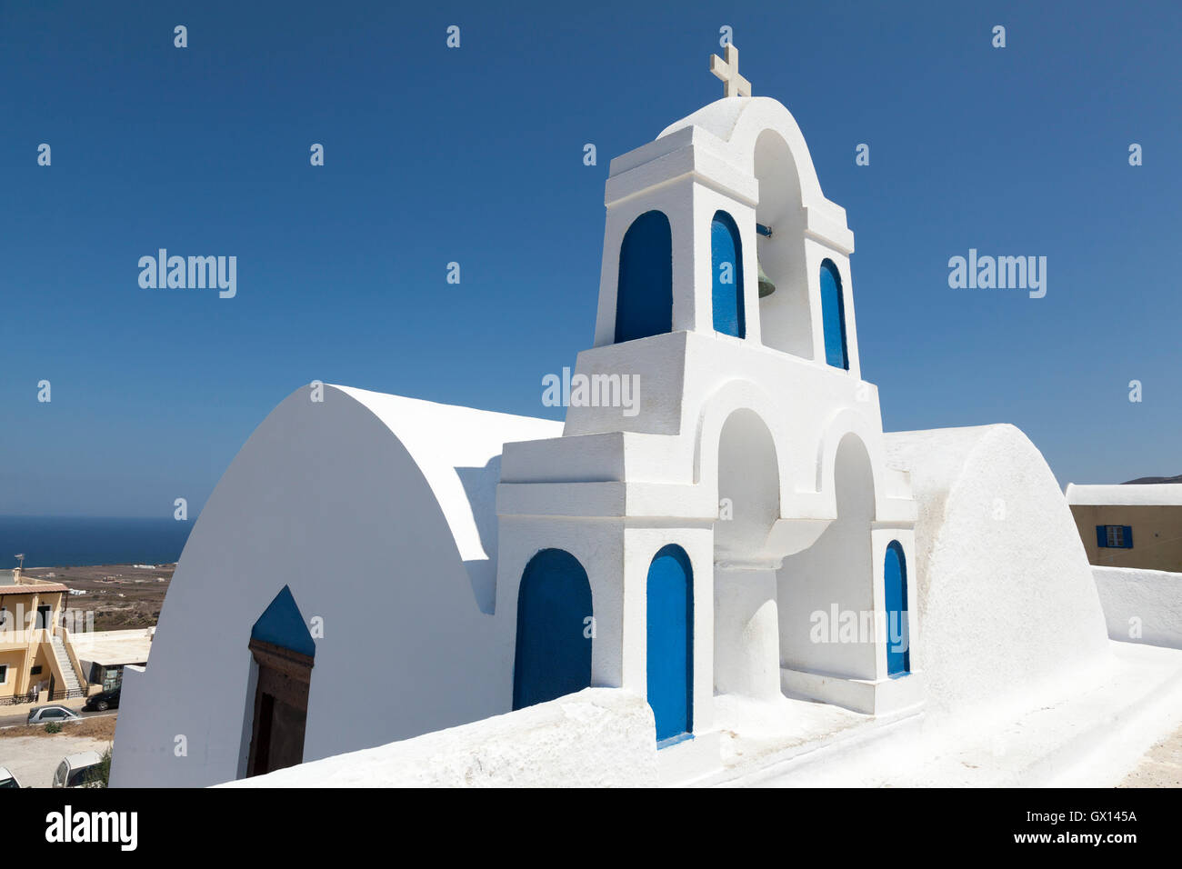 A traditional blue and white Christian building in the Greek island of ...