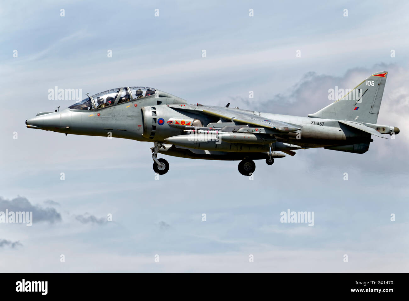 A BAe Systems Harrier T12, Serial ZH657/105, on finals to land at the ...
