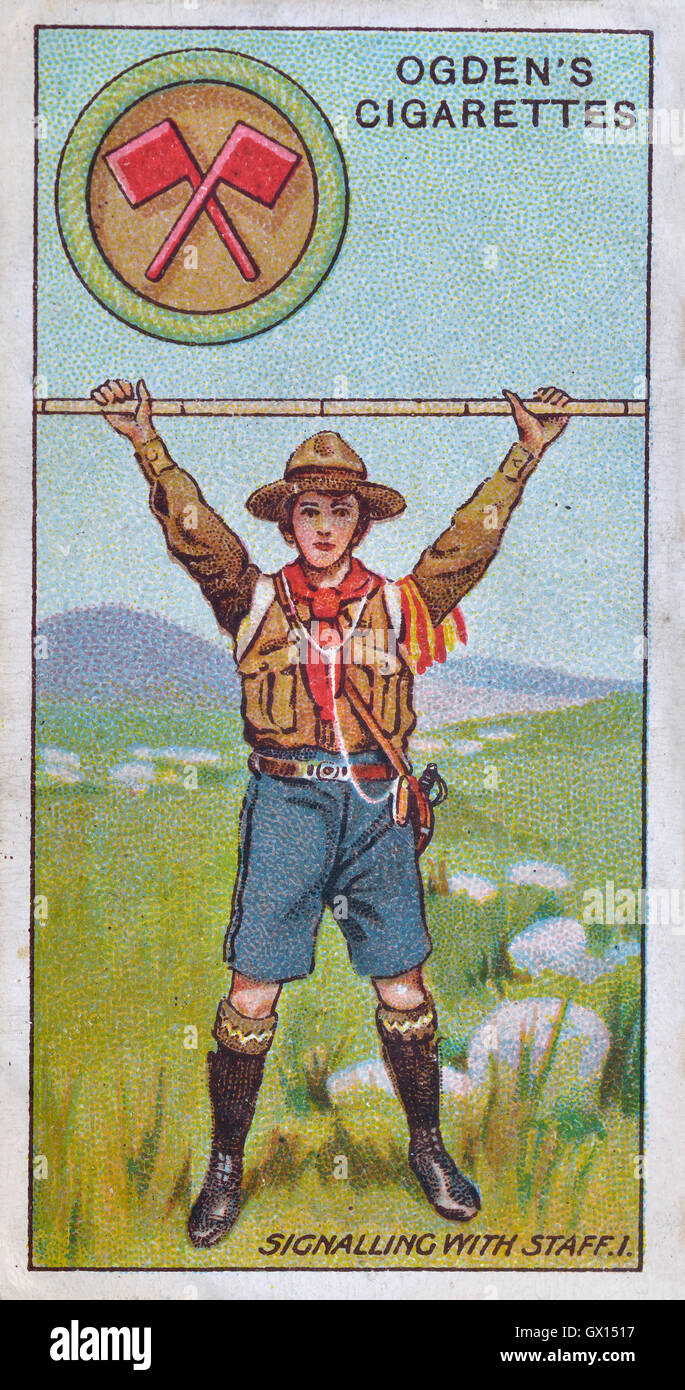 Ogden's cigarette card of a boy scout signalling with a staff Stock ...