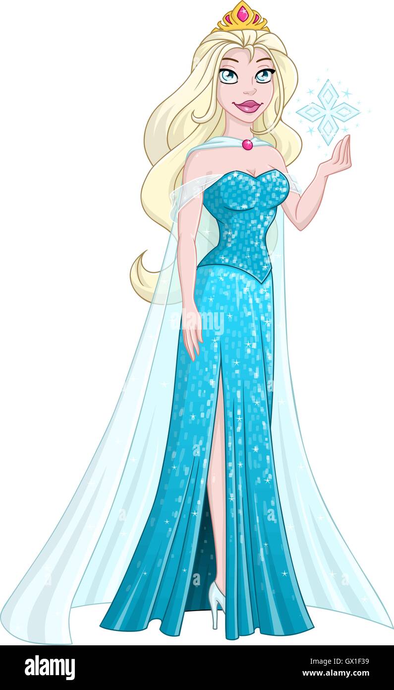 Vector illustration of a snow princess queen in blue dress holding a ...