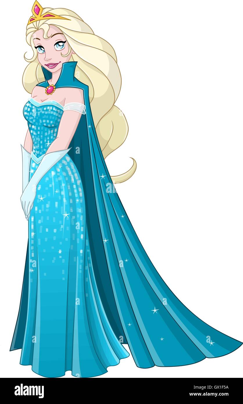 Vector illustration of a snow princess queen in blue dress and cape ...