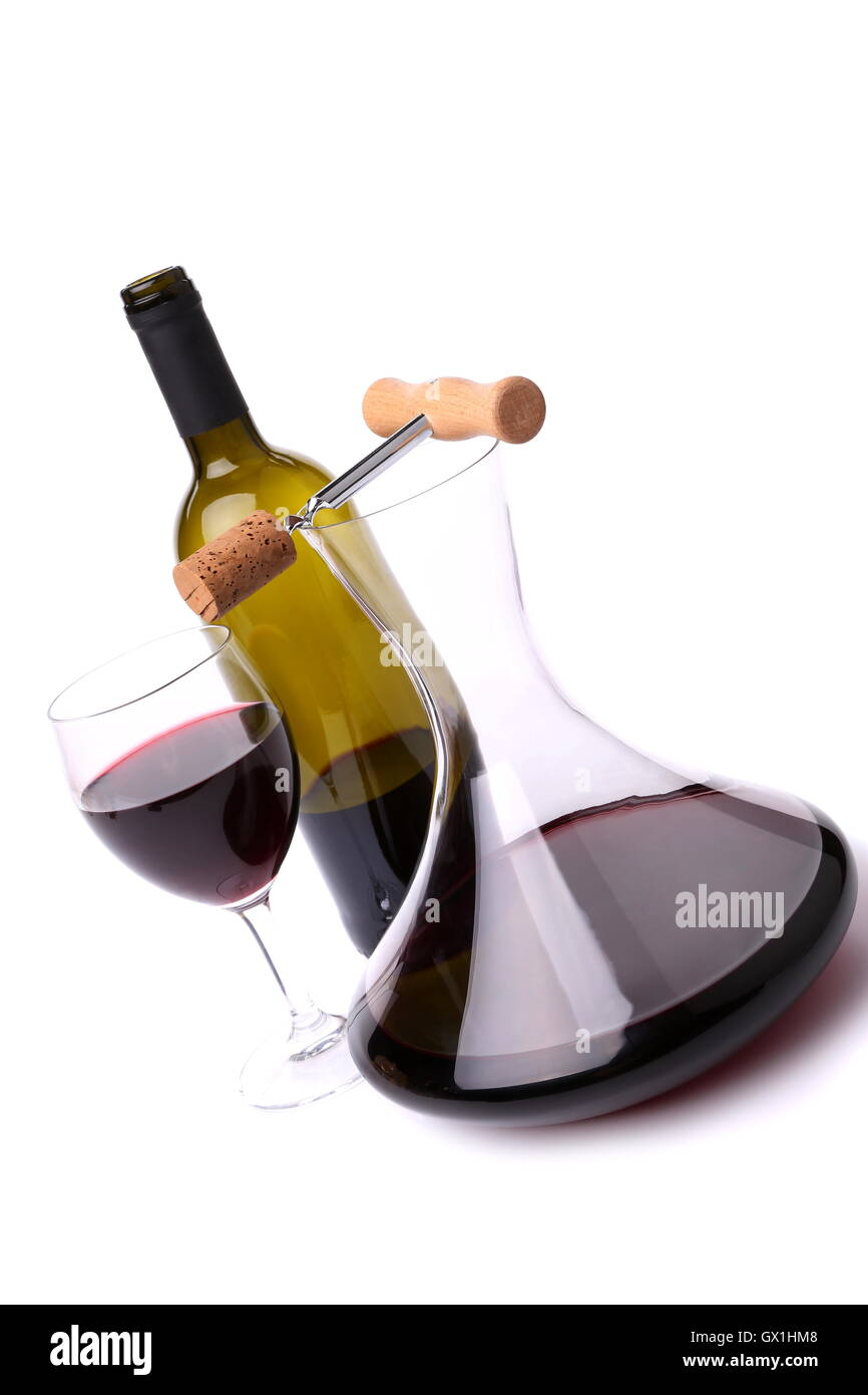 Decanter, bottle and glass with red wine top view Stock Photo - Alamy